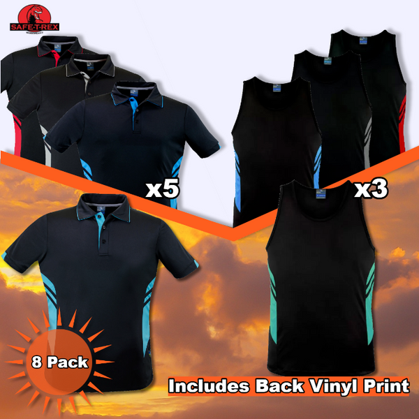 Tasman Contrast 8 Pack | 5 Polos + 3 Singlets with Logo - Safe-T-Rex ...
